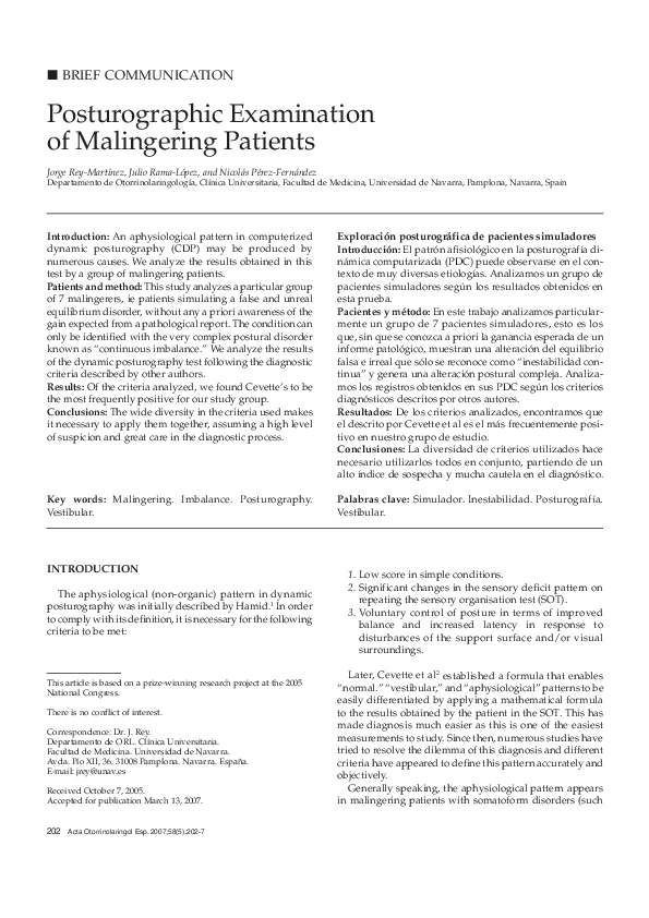 (PDF) Posturographic Examination of Malingering Patients