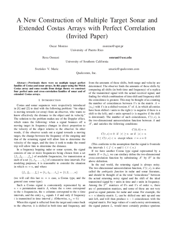 (PDF) Doubly Periodic Arrays and a New Construction of Multiple Target Sonar and Extended Costas ...