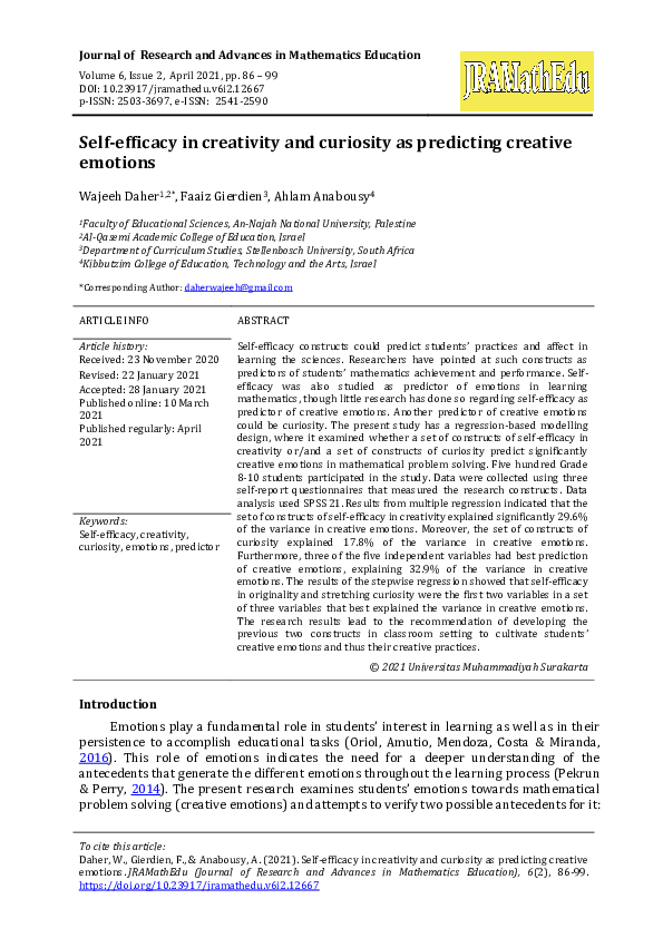 (PDF) Self-efficacy in creativity and curiosity as predicting creative emotions