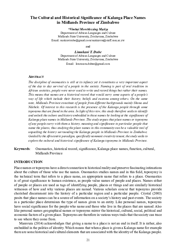 (PDF) The Cultural and Historical Significance of Kalanga Place Names ...