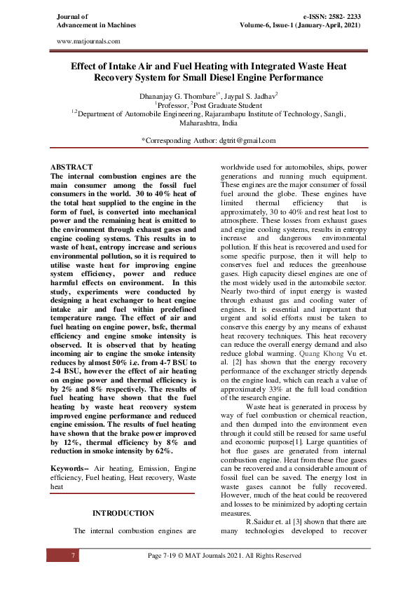 (PDF) Effect of Intake Air and Fuel Heating with Integrated Waste Heat ...