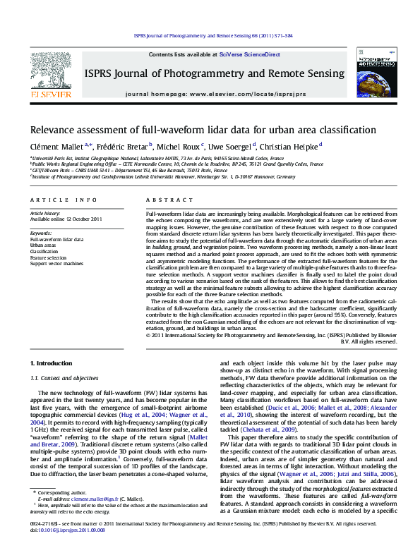 Pdf Relevance Assessment Of Full Waveform Lidar Data For Urban Area Classification