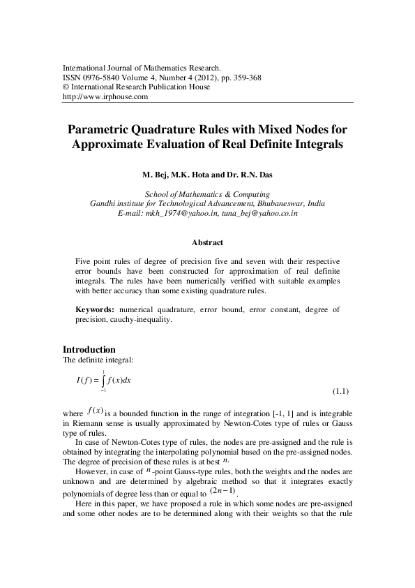Pdf Parametric Quadrature Rules With Mixed Nodes For Approximate