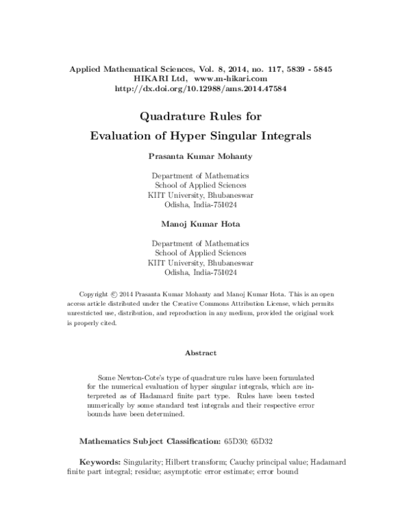 (PDF) Quadrature rules for evaluation of hyper singular integrals