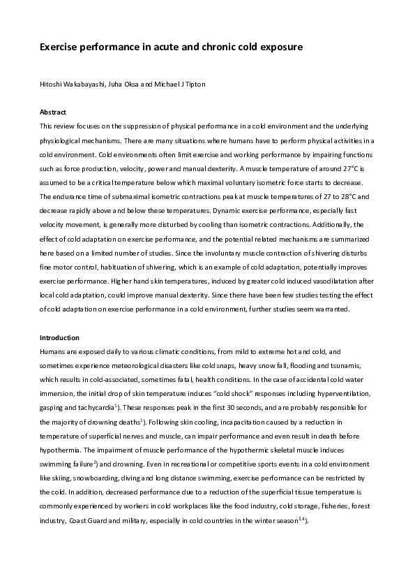 (PDF) Exercise performance in acute and chronic cold exposure
