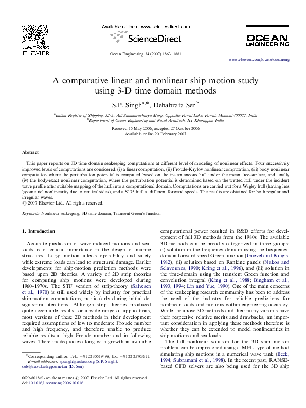 (PDF) A comparative linear and nonlinear ship motion study using 3-D time domain methods