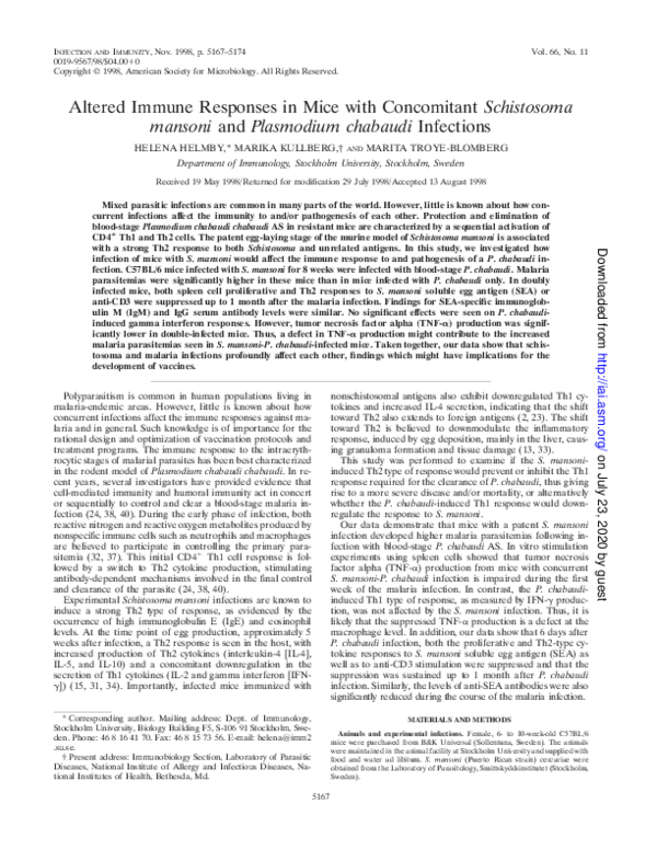 (PDF) Altered immune responses in mice with concomitant Schistosoma ...