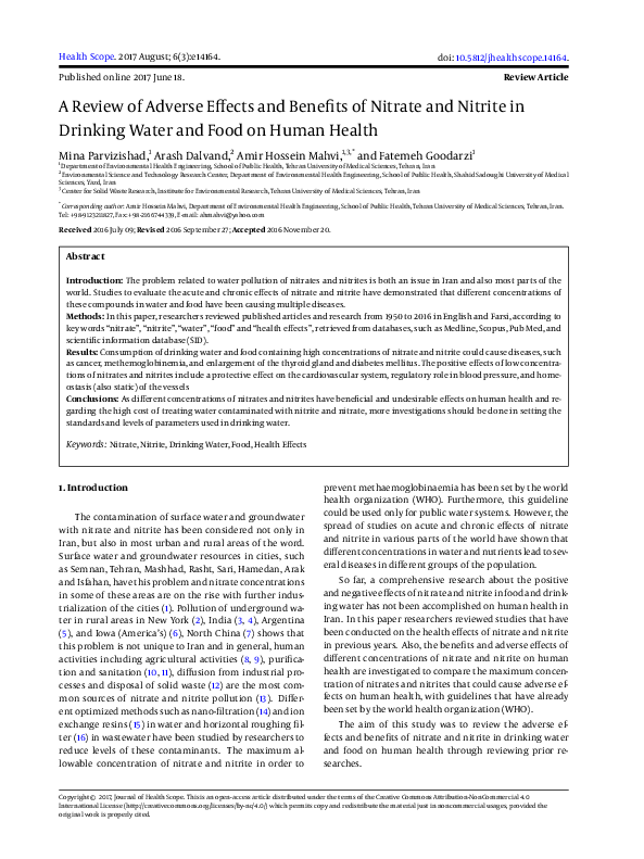 (PDF) A Review of Adverse Effects and Benefits of Nitrate and Nitrite ...