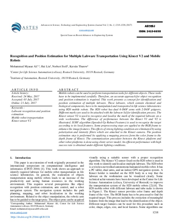 (PDF) Recognition and Position Estimation for Multiple Labware Transportation Using Kinect V2 ...