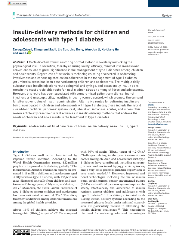 (PDF) Insulin-delivery methods for children and adolescents with type 1 ...