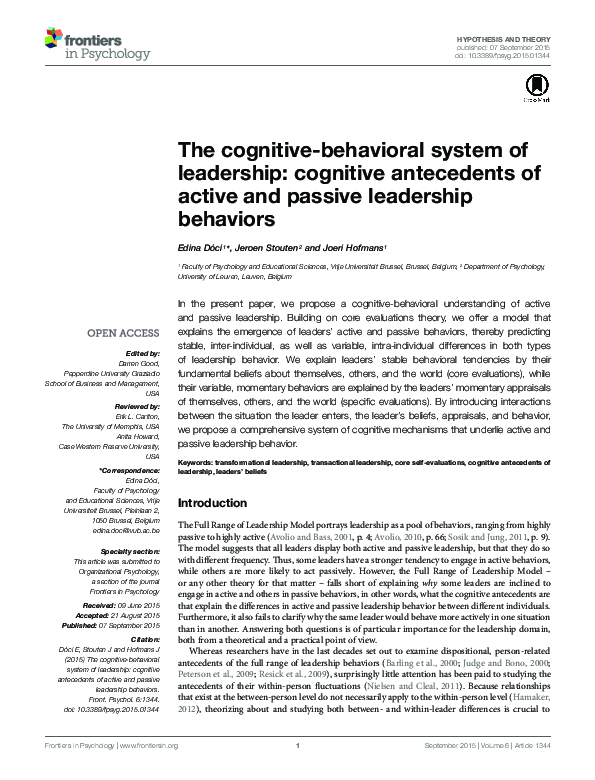 (PDF) The cognitive-behavioral system of leadership: cognitive ...