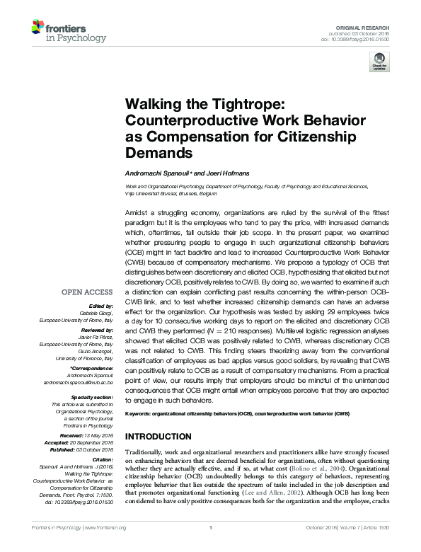 (PDF) Walking the Tightrope: Counterproductive Work Behavior as Compensation for Citizenship Demands