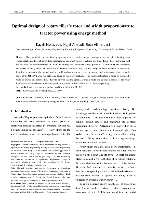 Pdf Optimal Design Of Rotary Tillers Rotor And Width Proportionate To Tractor Power Using