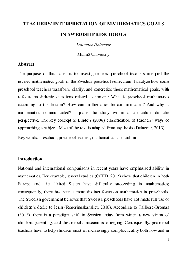 (PDF) Teachers’ Interpretation of Mathematics Goals in Swedish Preschools