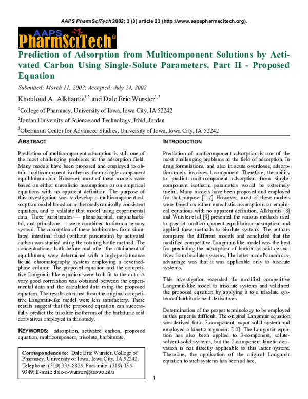 (PDF) Prediction of adsorption from multicomponent solutions by activated carbon using single ...