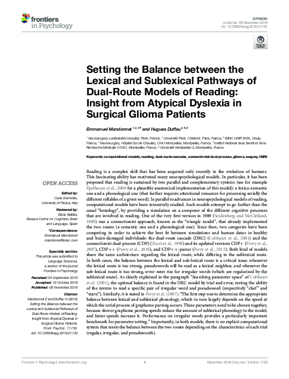 (PDF) Setting the Balance between the Lexical and Sublexical Pathways ...