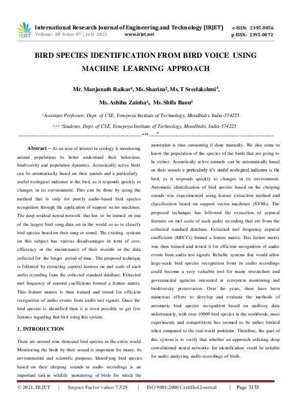 (PDF) IRJET- BIRD SPECIES IDENTIFICATION FROM BIRD VOICE USING MACHINE ...