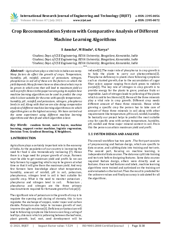 Pdf Irjet Crop Recommendation System With Comparative Analysis Of