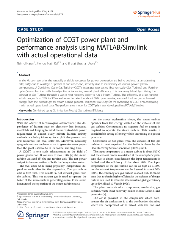 Pdf Optimization Of Ccgt Power Plant And Performance Analysis Using Matlabsimulink Based