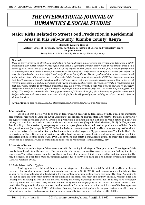 (PDF) Major Risks Related to Street Food Production in Residential ...