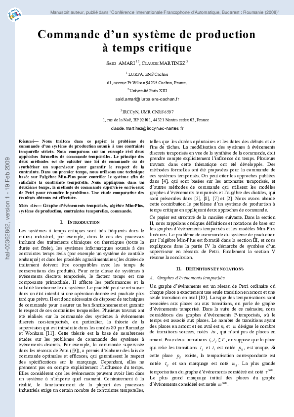 (PDF) Commande d'un système de production à temps critique