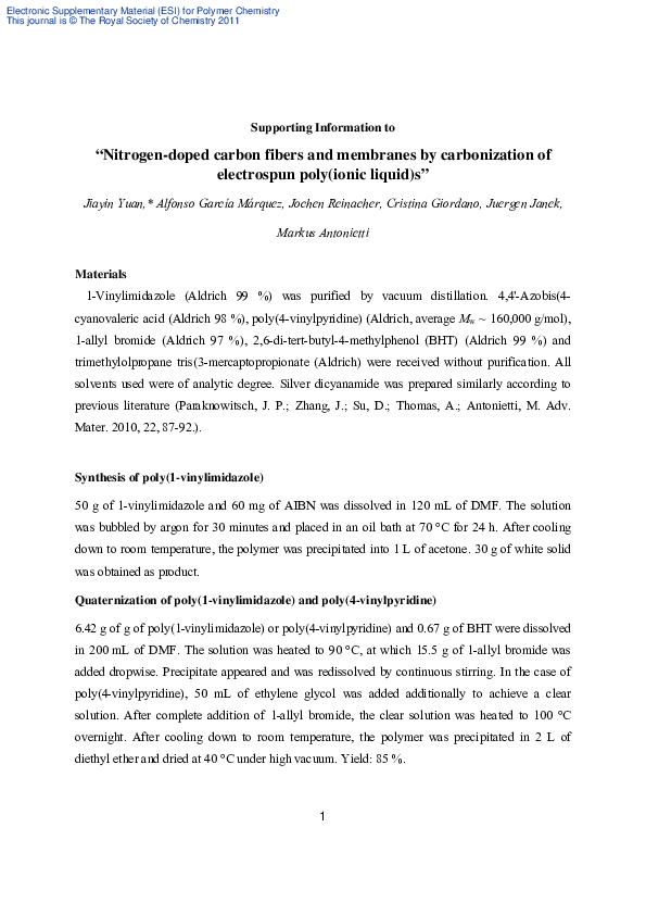 (PDF) Nitrogen-doped carbon fibers and membranes by carbonization of electrospun poly(ionic liquid)s