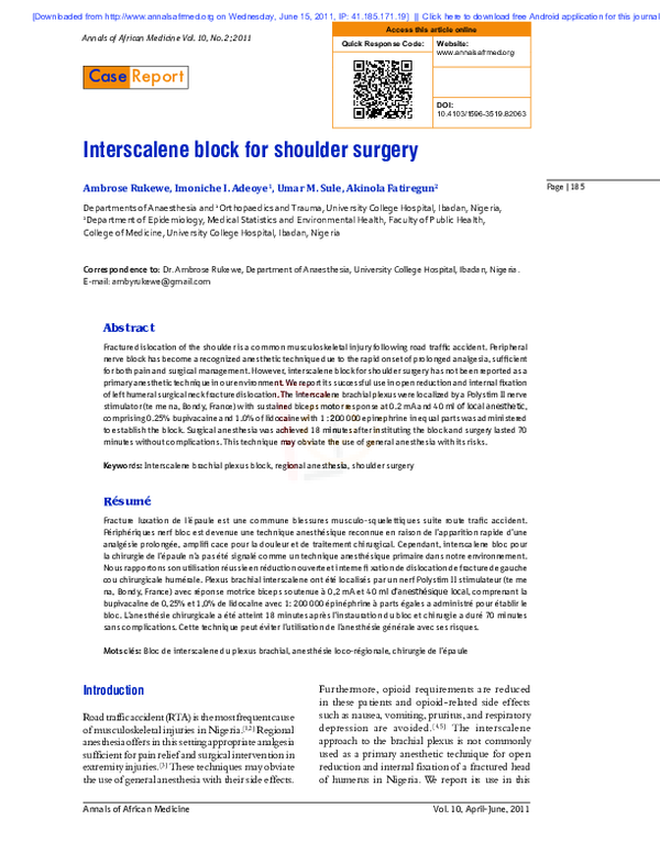 (PDF) Interscalene block for shoulder surgery