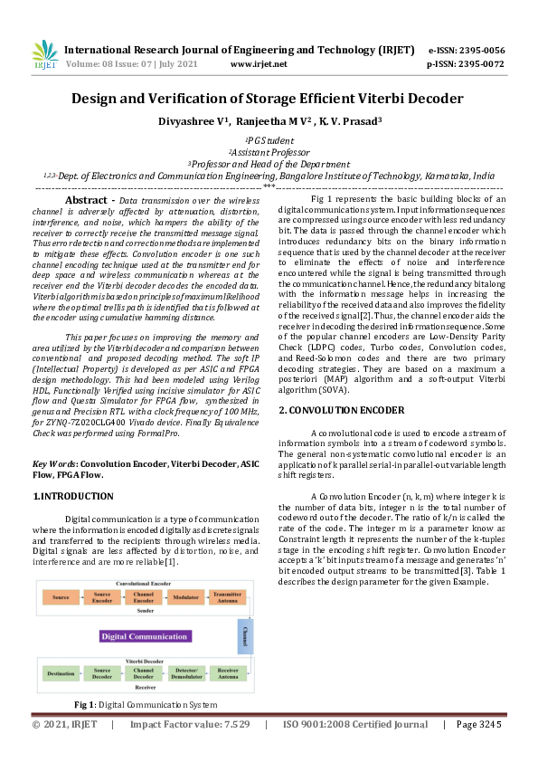 (PDF) IRJET- Design and Verification of Storage Efficient Viterbi Decoder