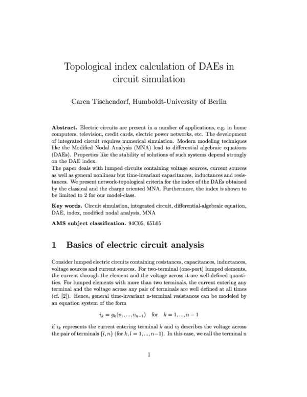 Pdf Topological Index Calculation Of Daes In Circuit Simulation
