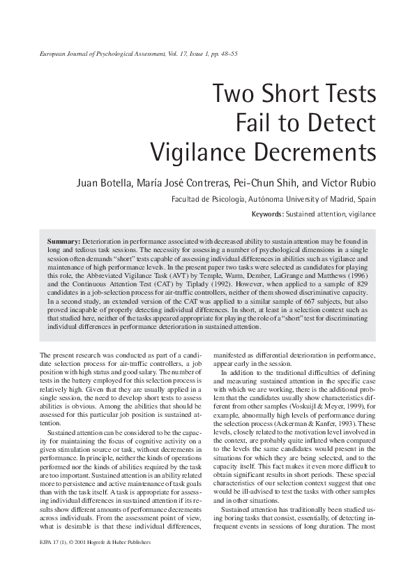 (PDF) Two Short Tests Fail to Detect Vigilance Decrements