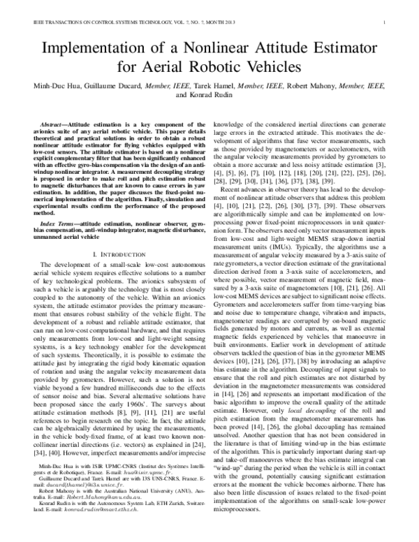 Pdf Implementation Of A Nonlinear Attitude Estimator For Aerial