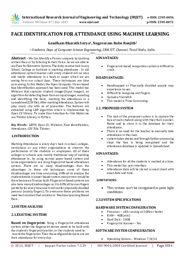 (PDF) IRJET- FACE IDENTIFICATION FOR ATTENDANCE USING MACHINE LEARNING