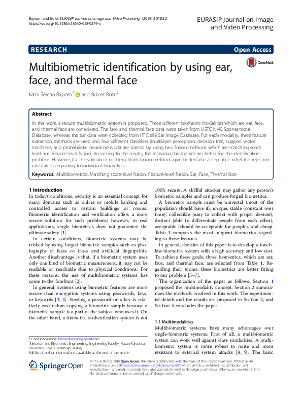 (PDF) Multibiometric identification by using ear, face, and thermal face
