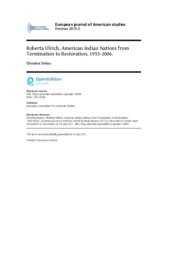 (PDF) Roberta Ulrich, American Indian Nations from Termination to ...