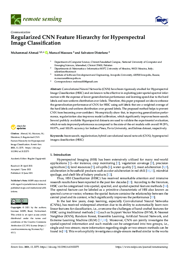 Pdf Regularized Cnn Feature Hierarchy For Hyperspectral Image Classification