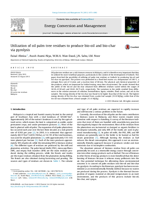 (PDF) Utilization of oil palm tree residues to produce bio-oil and bio ...