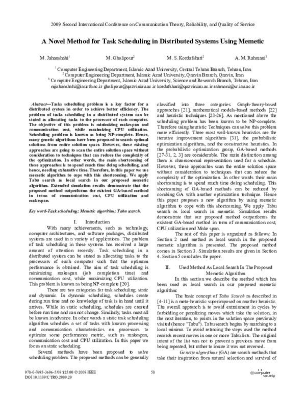 Pdf A Novel Method For Task Scheduling In Distributed Systems Using Memetic Mohsen