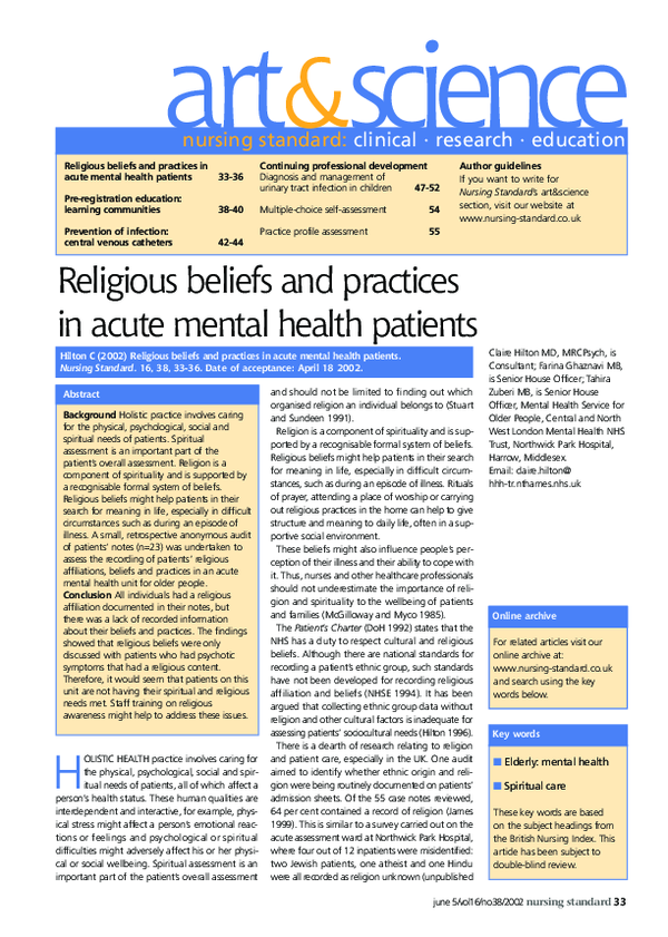 (PDF) Religious beliefs and practices in acute mental health patients