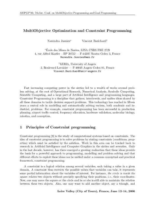 (PDF) MultiObjective Optimization and Constraint Programming