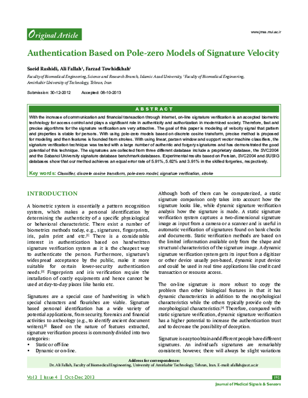(PDF) Authentication Based on Pole-zero Models of Signature Velocity ...