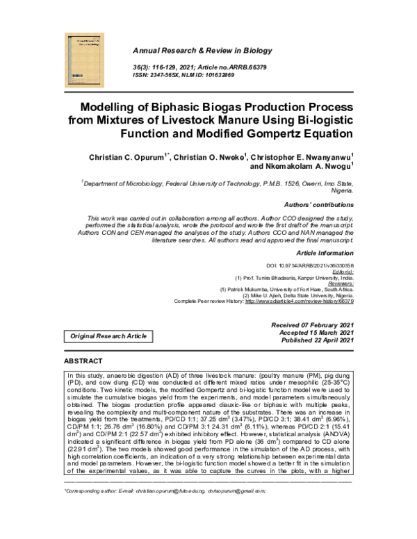 (PDF) Modelling of Biphasic Biogas Production Process from Mixtures of ...