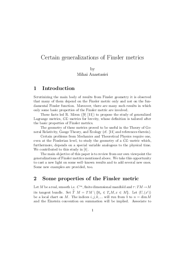 (PDF) Certain generalizations of Finsler metrics