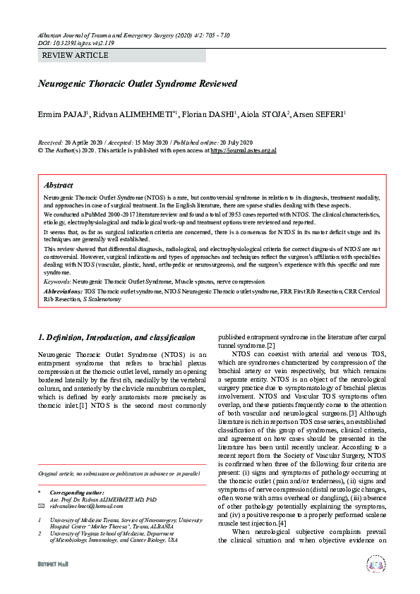 Neurogenic Thoracic Outlet Syndrome Reviewed