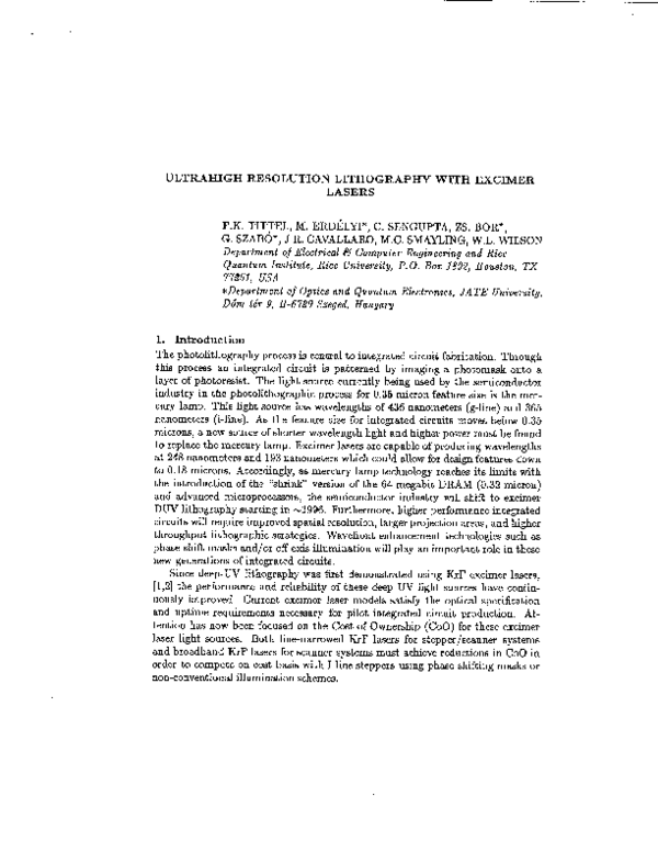 (PDF) Ultra High Resolution Lithography with Excimer Lasers
