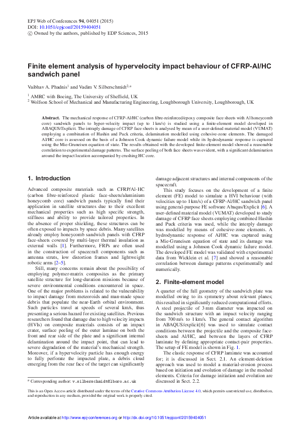 Pdf Finite Element Analysis Of Hypervelocity Impact Behaviour Of Cfrp Alhc Sandwich Panel