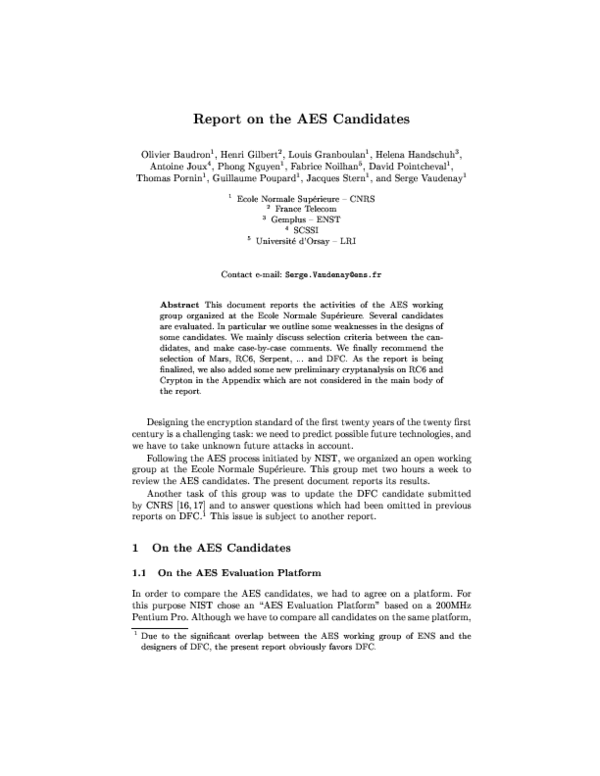 (PDF) Report on the AES Candidates