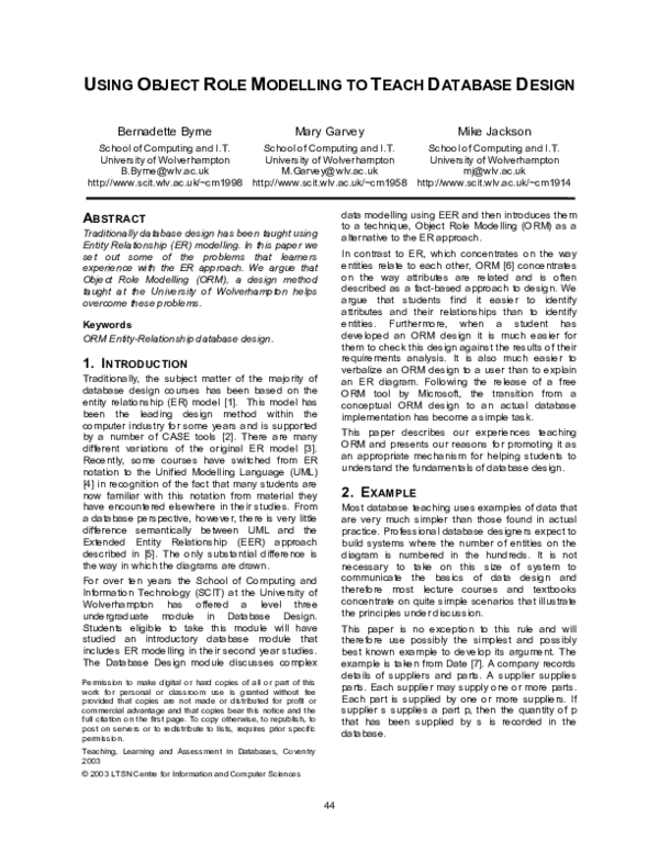 (PDF) Using Object Role Modelling TO Teach Database Design (PDF) Using Object Role Modelling TO Teach Database Design