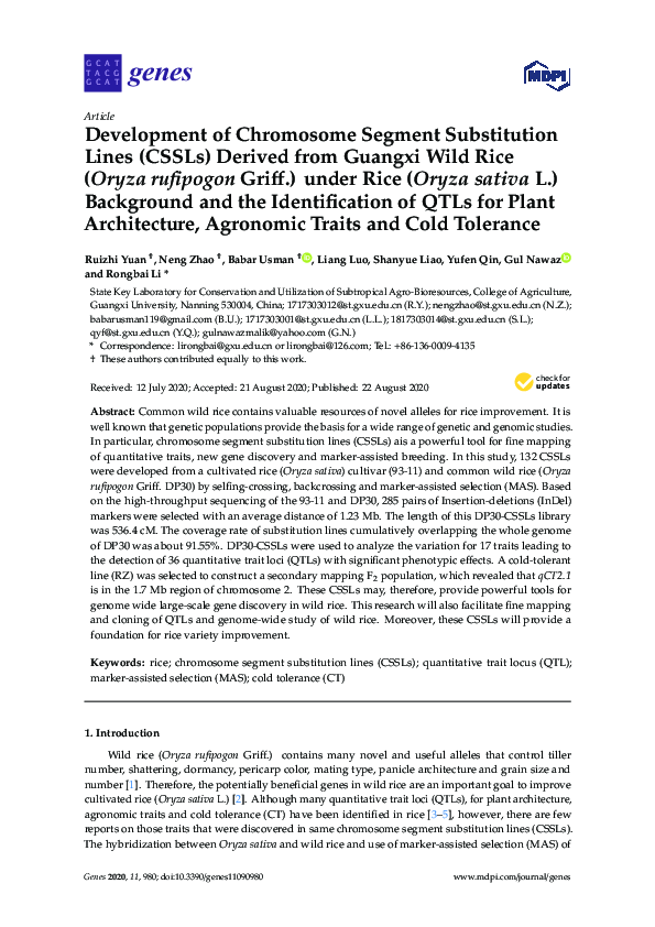 (PDF) Development of Chromosome Segment Substitution Lines (CSSLs) Derived from Guangxi Wild ...