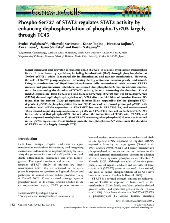 (PDF) Phospho-Ser727 of STAT3 regulates STAT3 activity by enhancing ...
