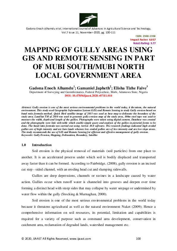 (PDF) Mapping of Gully Areas Using Gis and Remote Sensing in Part of ...